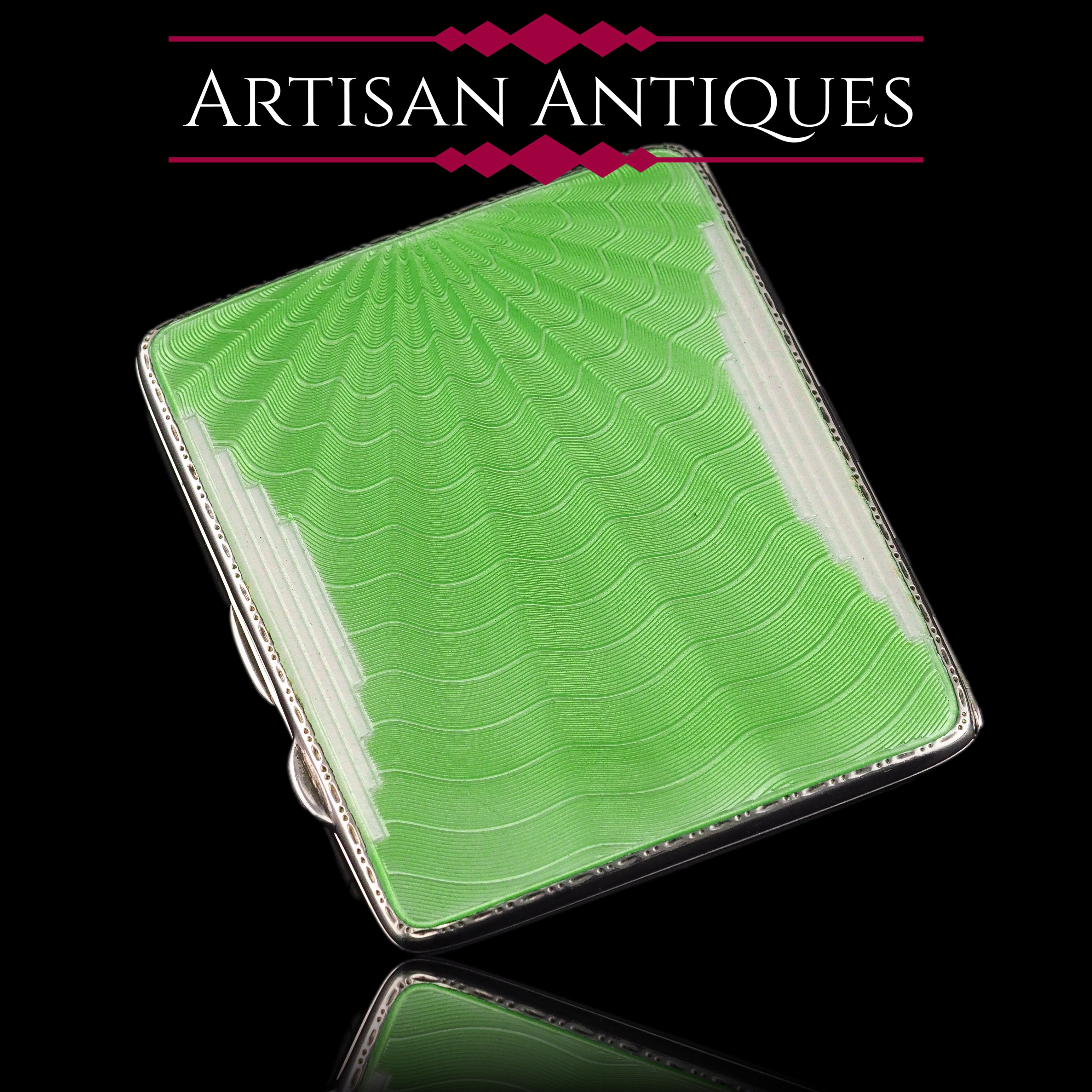 Art Deco Sterling Silver Cigarette Case with Green Enamel Guilloche Su ...